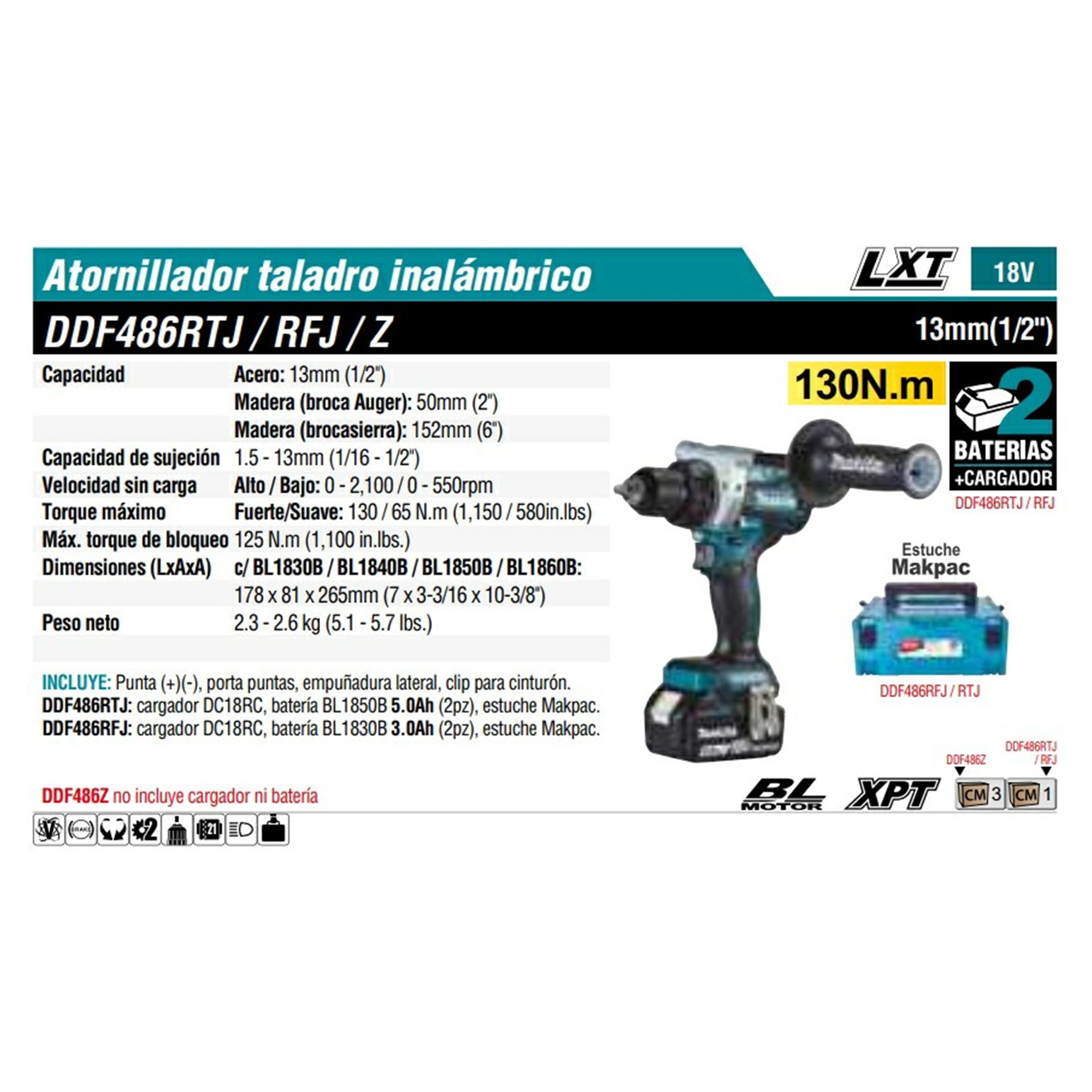 DDF486RFJ TALADRO ATORNILLADOR 1/2"V.V.R. 2 VEL. 0-550 0-2,100 RPM M/BL ...