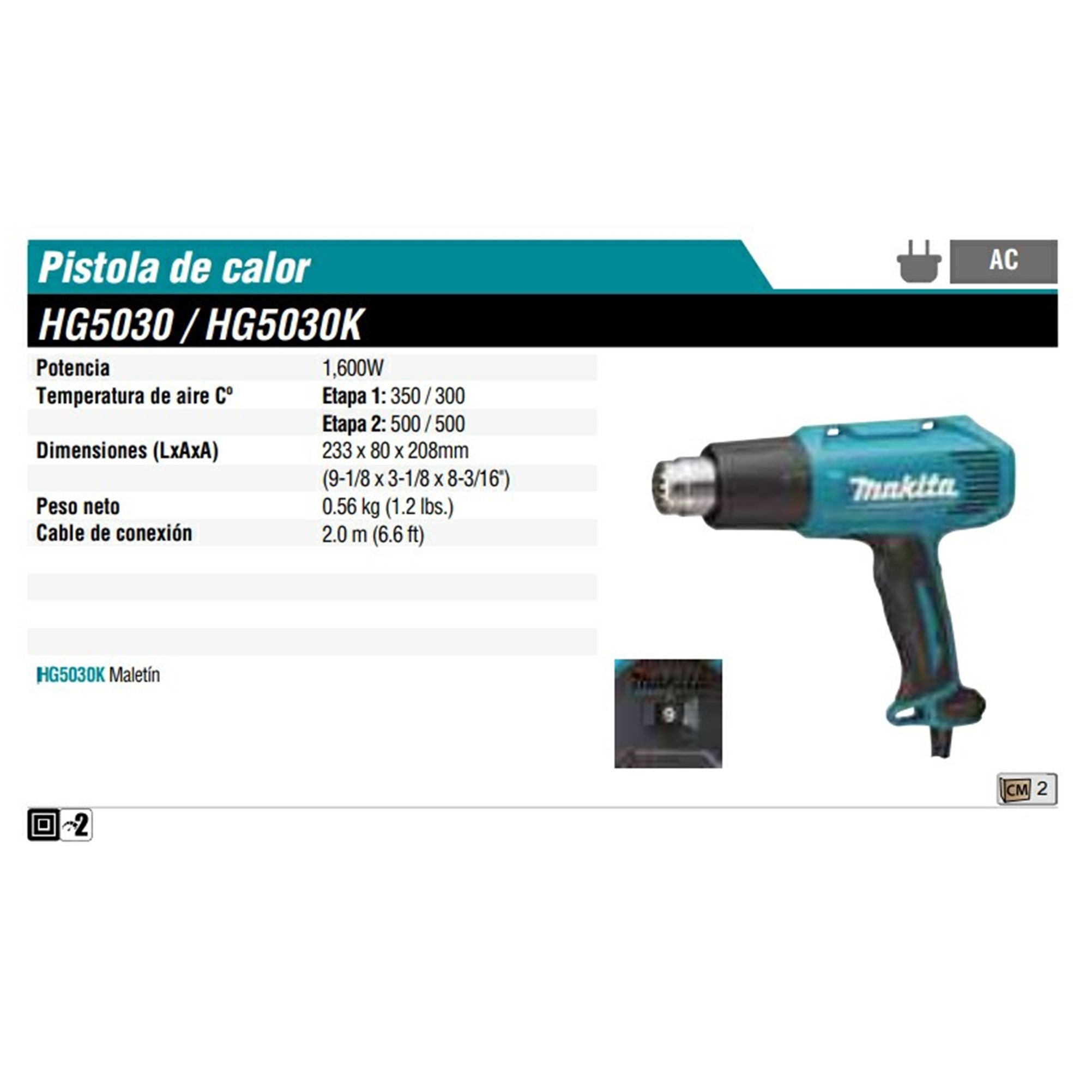 HG5030K PISTOLA TÉRMICA 400 - 550 °C INTERRUPTOR 2 NIVELES C/ESTUCHE 1 ...