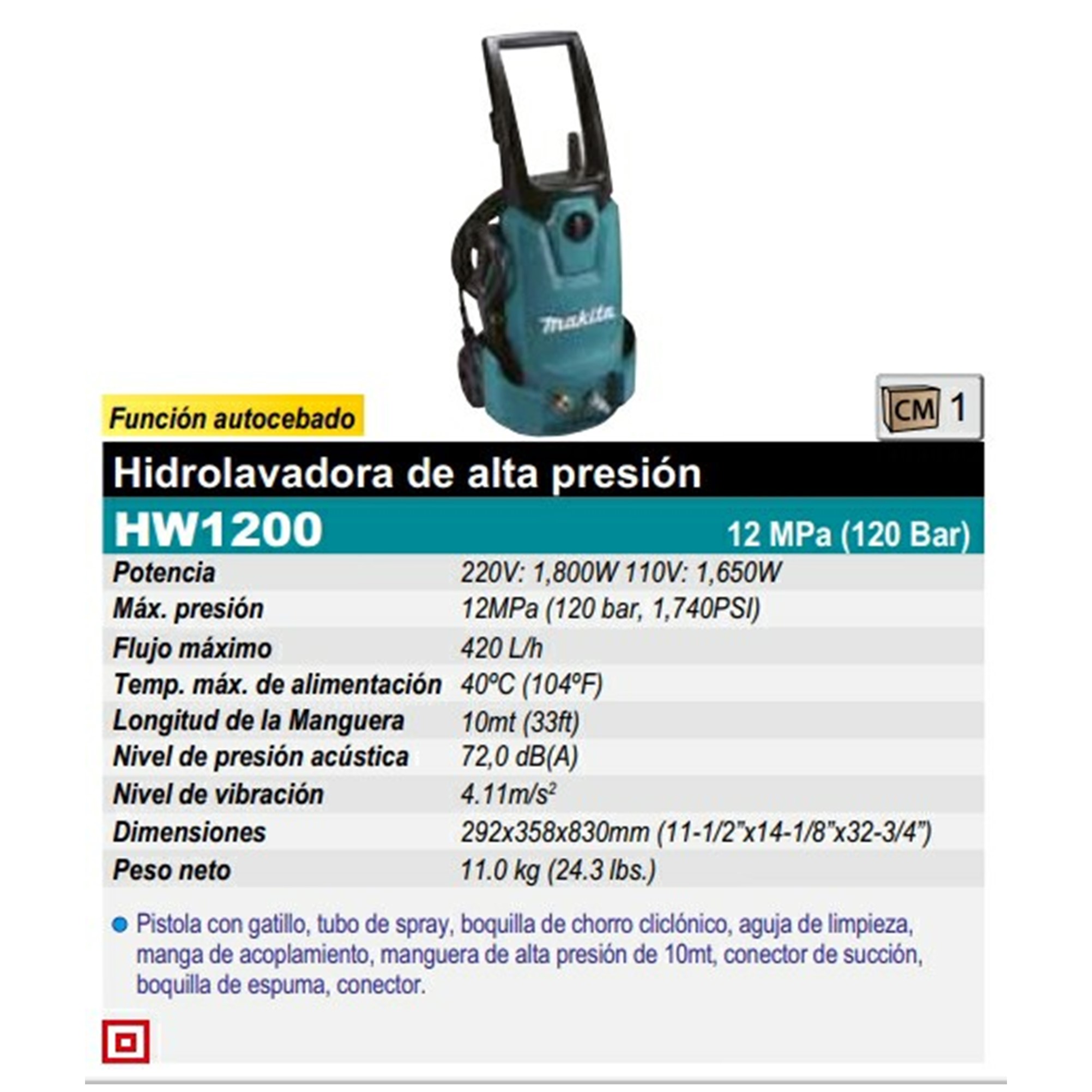 HW1200 HIDROLAVADORA DE ALTA PRESION 10 MPA. MAX LONG.MANGUERA 10M 1 ...